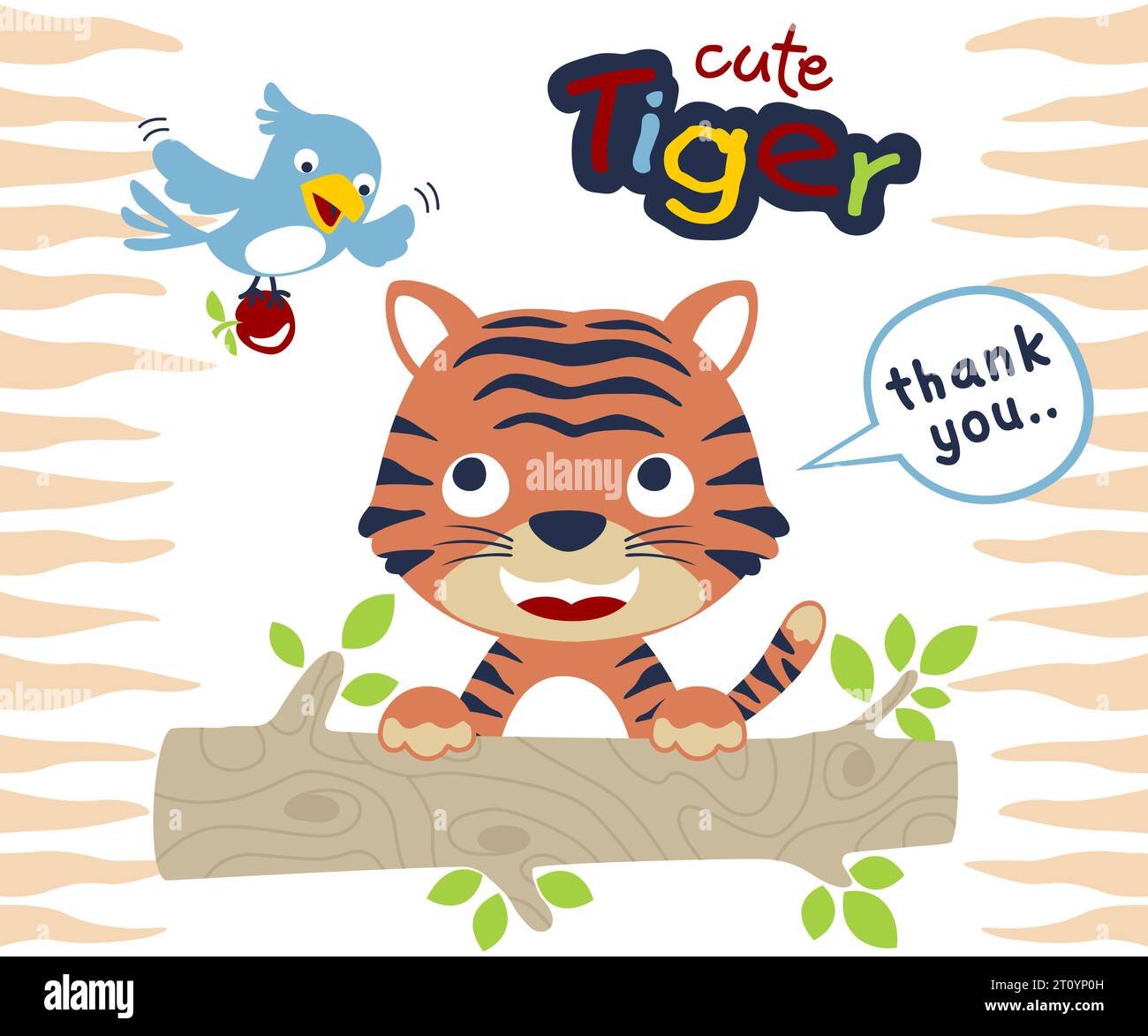 Vector illustration of cute tiger in tree trunk, a bird flying while ...