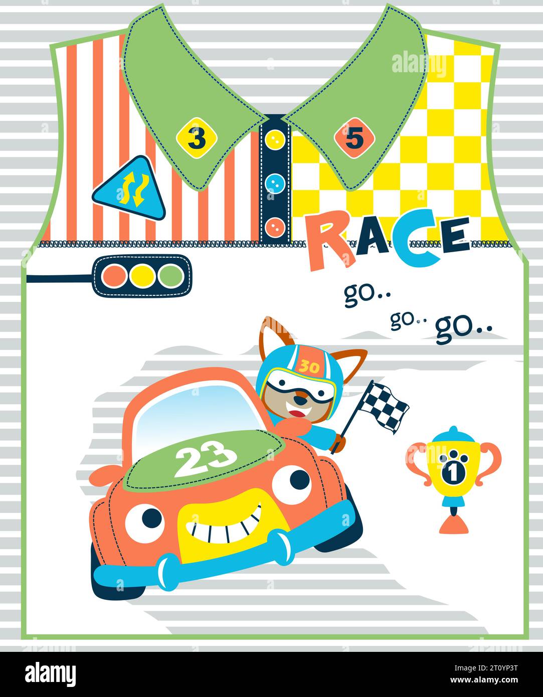 Vector illustration of cute fox holding finish flag on racing car, car ...