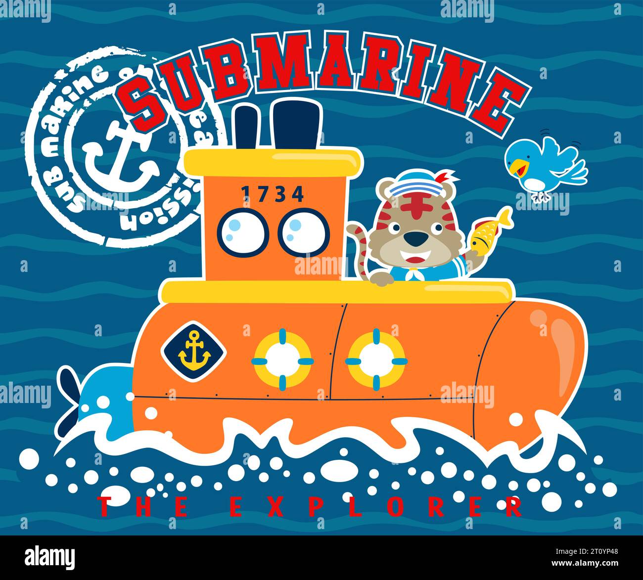 Cartoon of cat on submarine feeding a bird with a fish. Vector cartoon ...