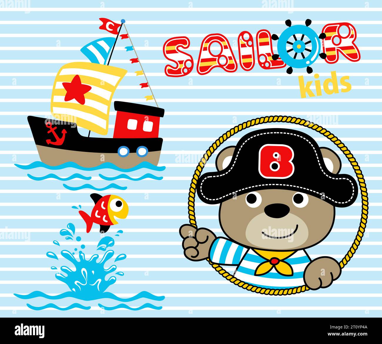 Pirate elements with cute bear in pirate costume. Vector cartoon ...