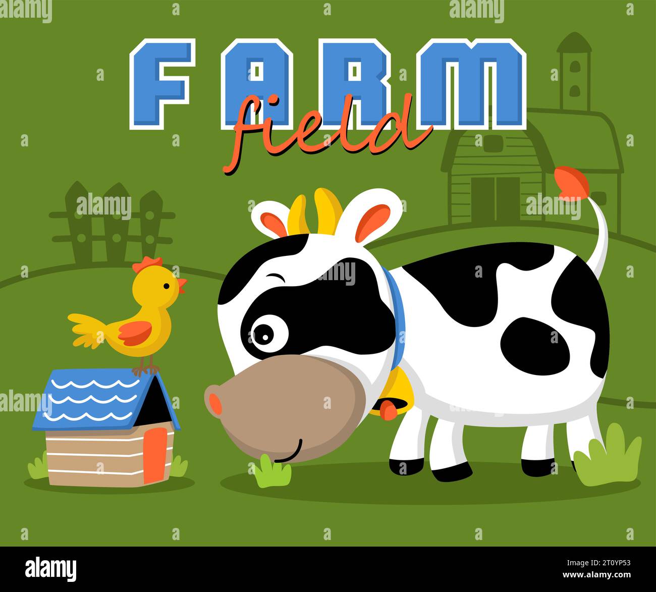 Farm element cartoon with funny cow eat grass, little chicken on cage ...