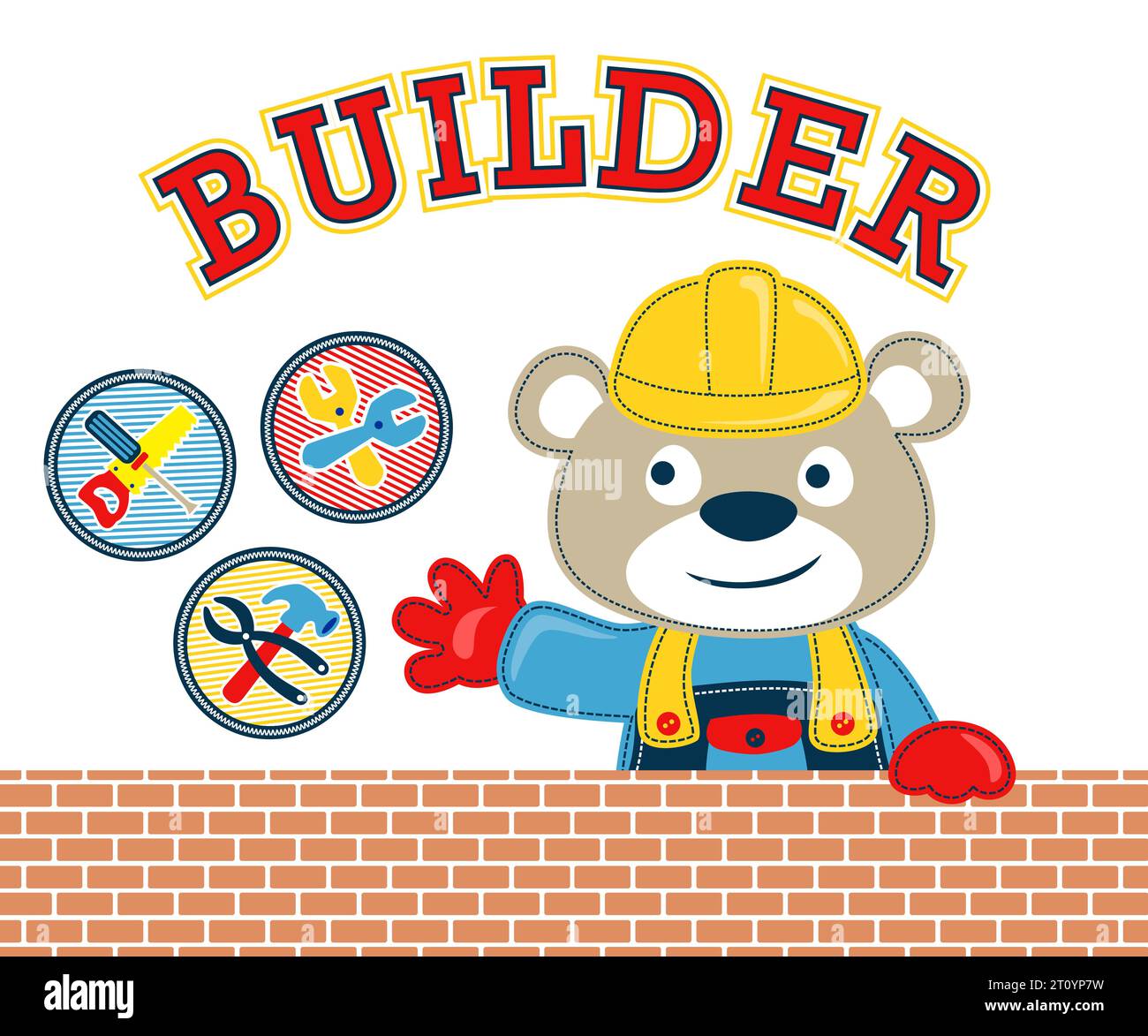 Funny bear cartoon in builder costume with tools. Vector cartoon ...