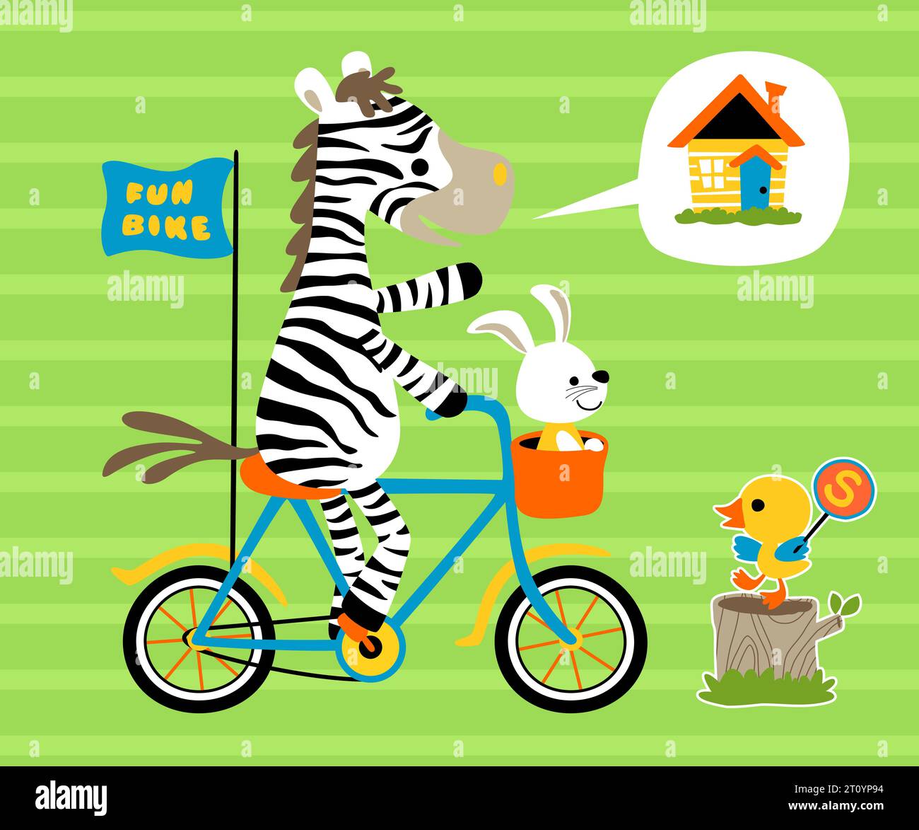 Vector cartoon of zebra with bunny on bicycle little duck holding ...