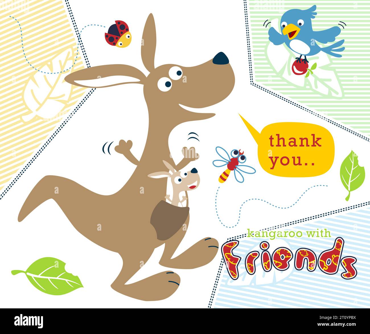 Kangaroo cartoon with bugs and bird. Vector cartoon illustration Stock ...