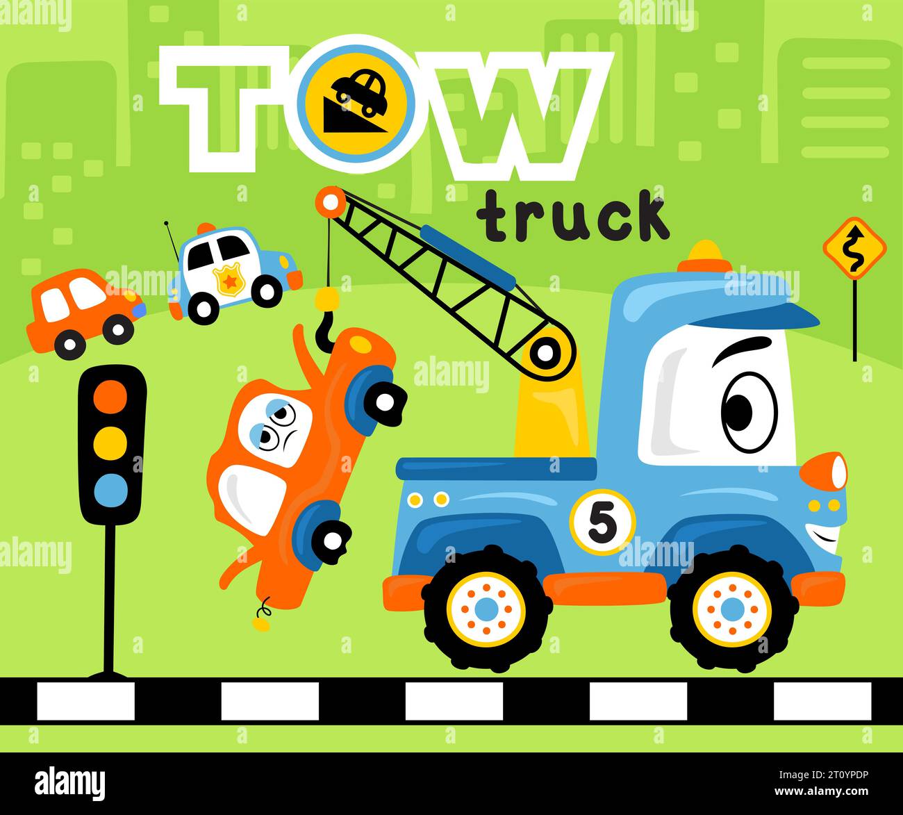 Funny tow truck cartoon towing wreck cars. Traffic element illustration ...