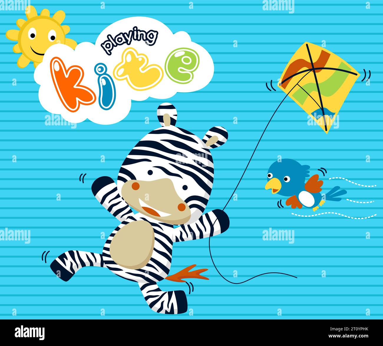 Cute zebra with little bird playing kite, sun behind cloud Stock Vector ...