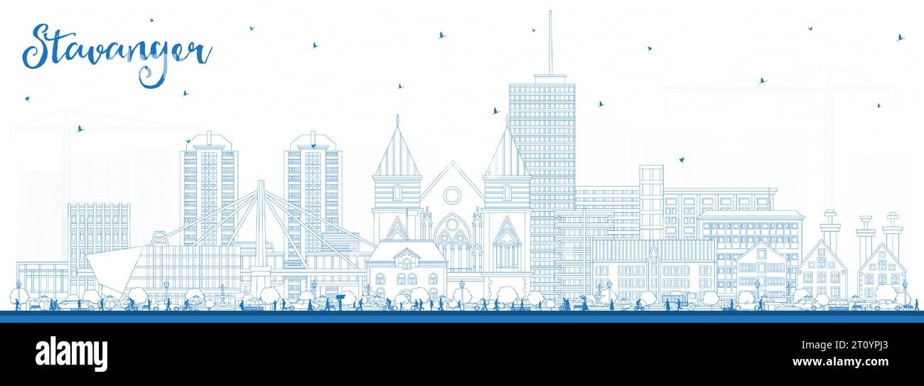 Outline Stavanger Norway city skyline with blue buildings. Vector ...