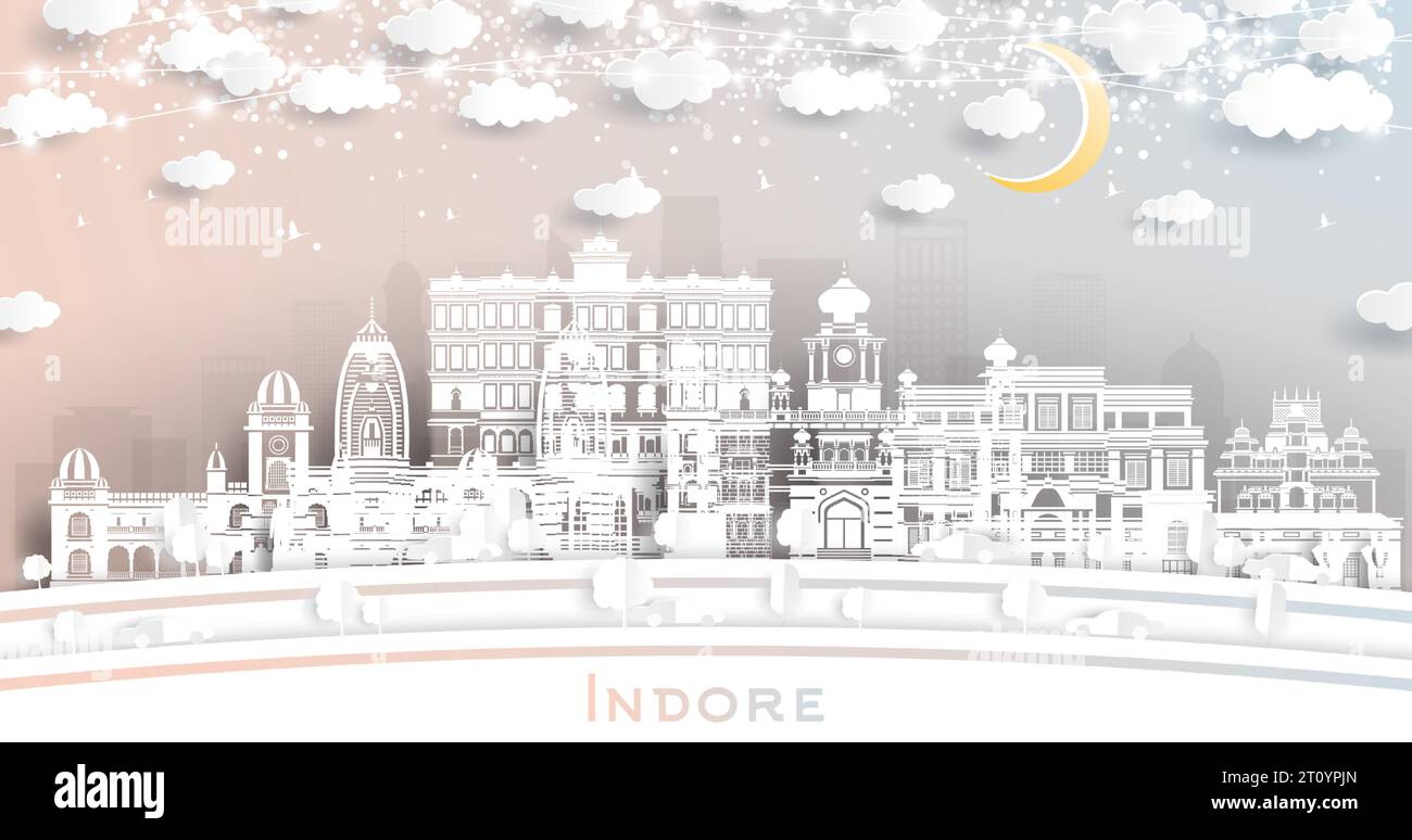 Indore India City Skyline in Paper Cut Style with White Buildings, Moon ...