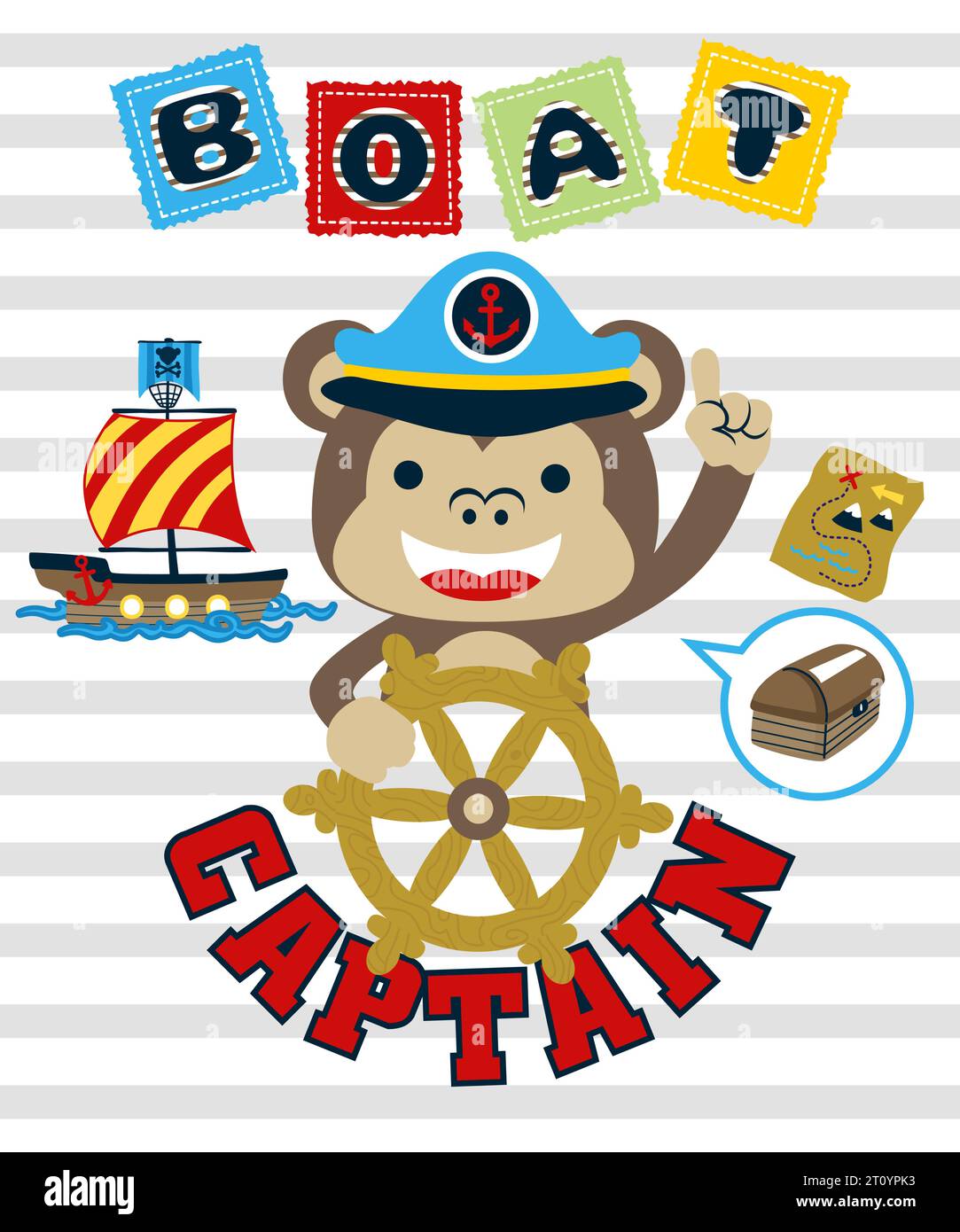 Cute monkey cartoon in sailor hat hold steering wheel, sailing elements ...