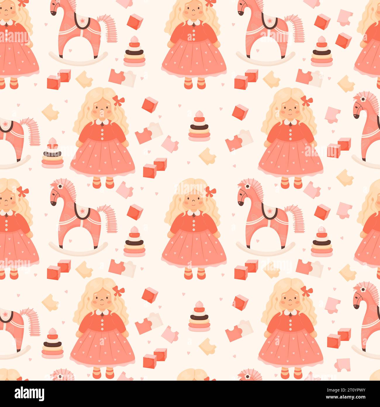 Kids seamless pattern. Children doll toys. Cute girl blonde with curly ...