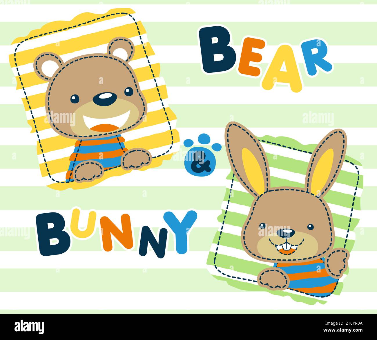 Cute bear and bunny cartoon on striped background Stock Vector Image ...