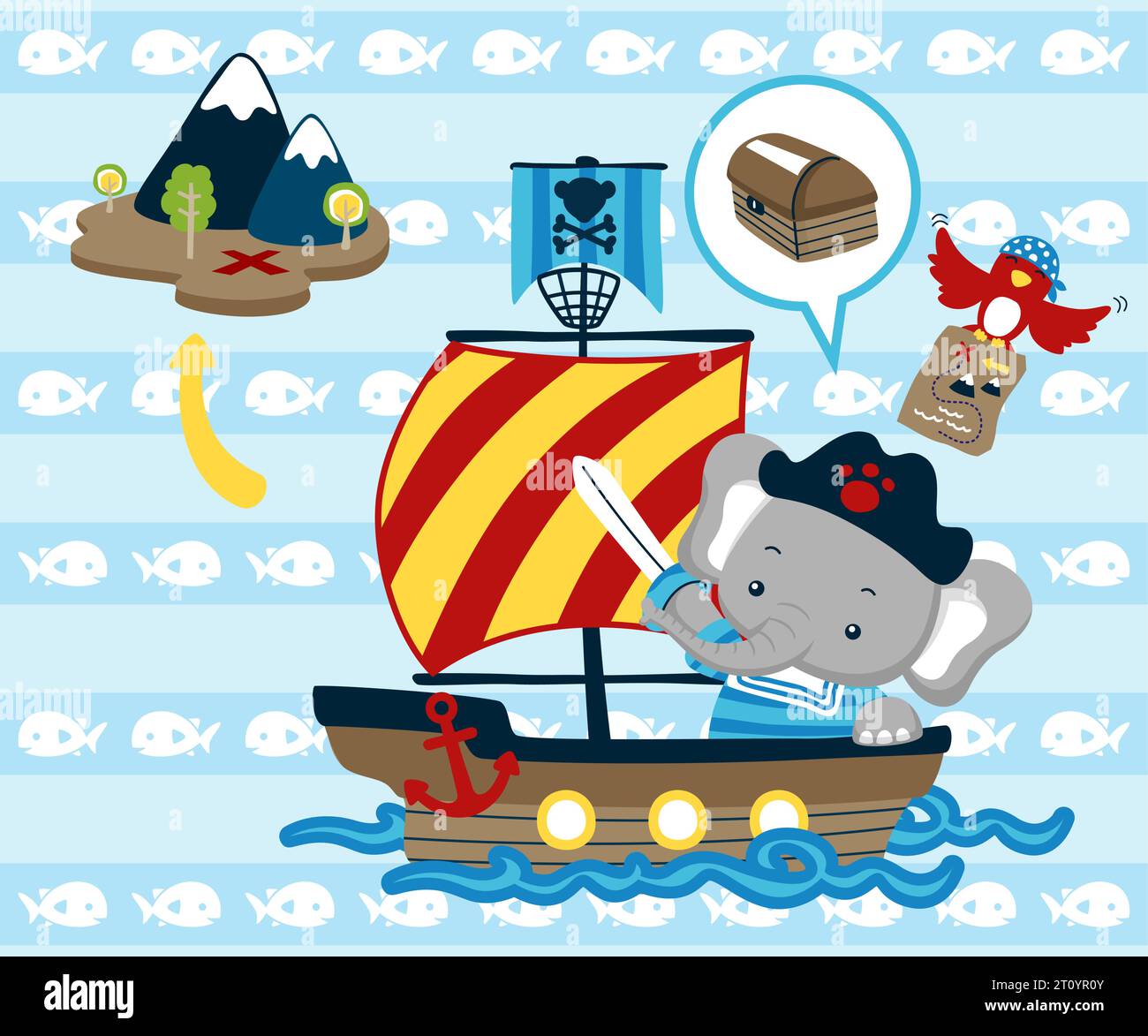 Cartoon elephant and bird in pirate costume on sailboat, pirate element ...