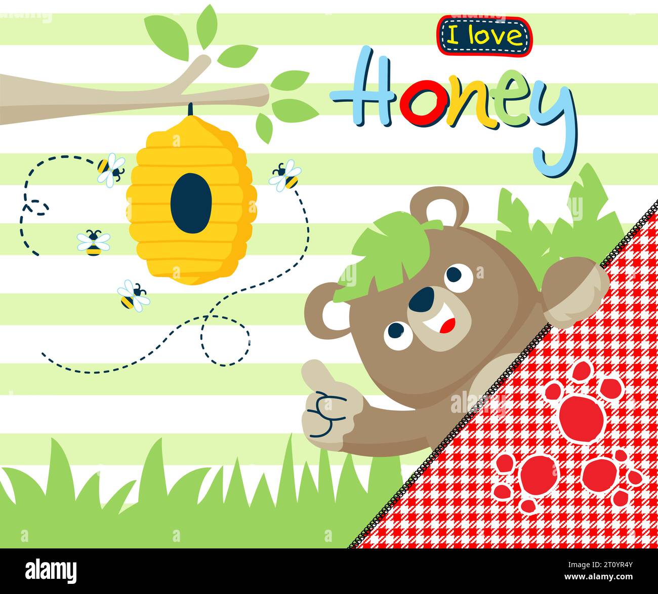 Funny bear cartoon with bee hive in forest Stock Vector Image & Art - Alamy