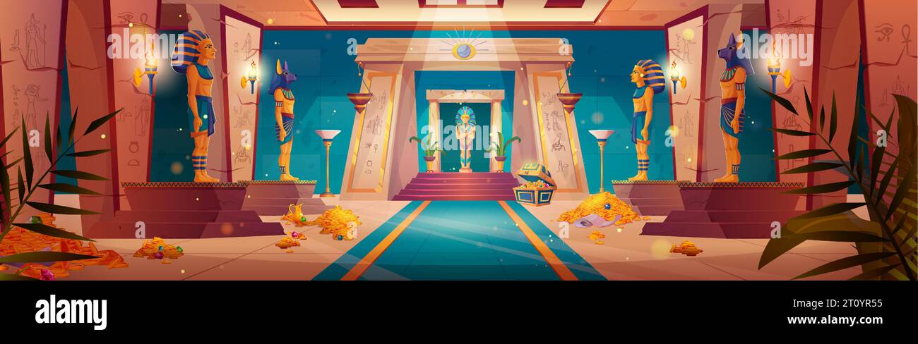 Egyptian pharaoh tomb with standing sarcophagus, hieroglyphics and ...