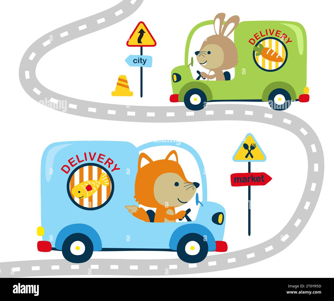 Cute rabbit and fox driving delivery car on street, traffic elements ...