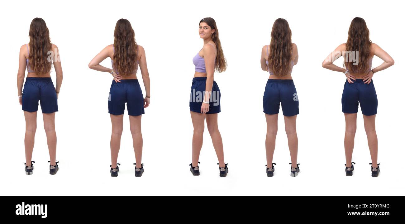 back view of same young girl various poses turned on white background ...