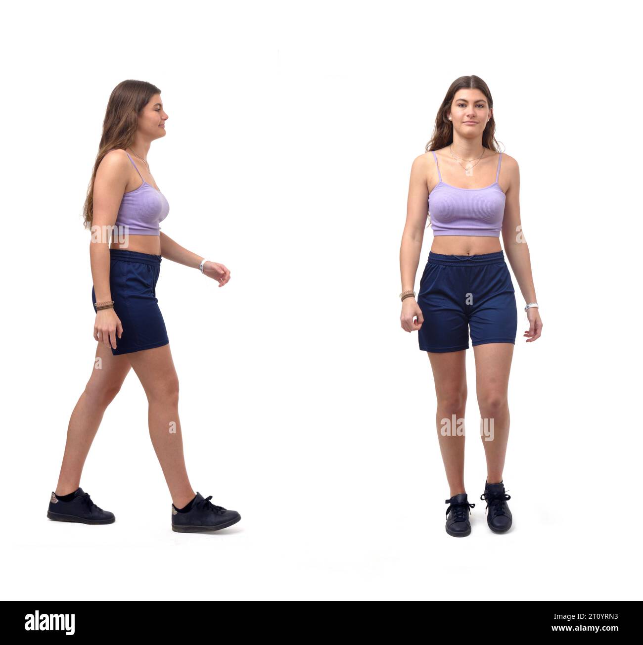 front and back view of young girl walking on white background Stock ...