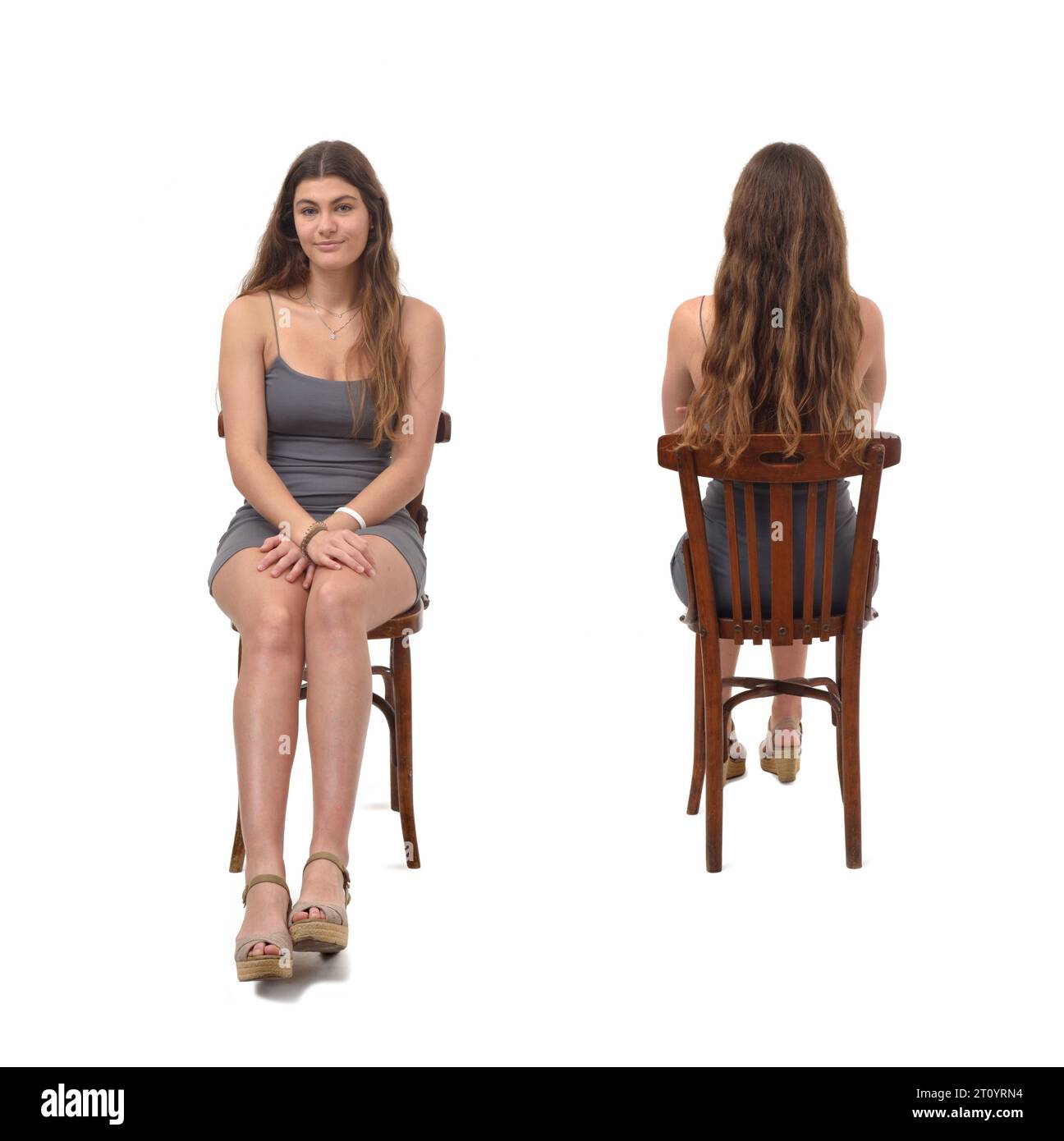 front and back view same young girl sitting on chair on white background Stock Photo - Alamy