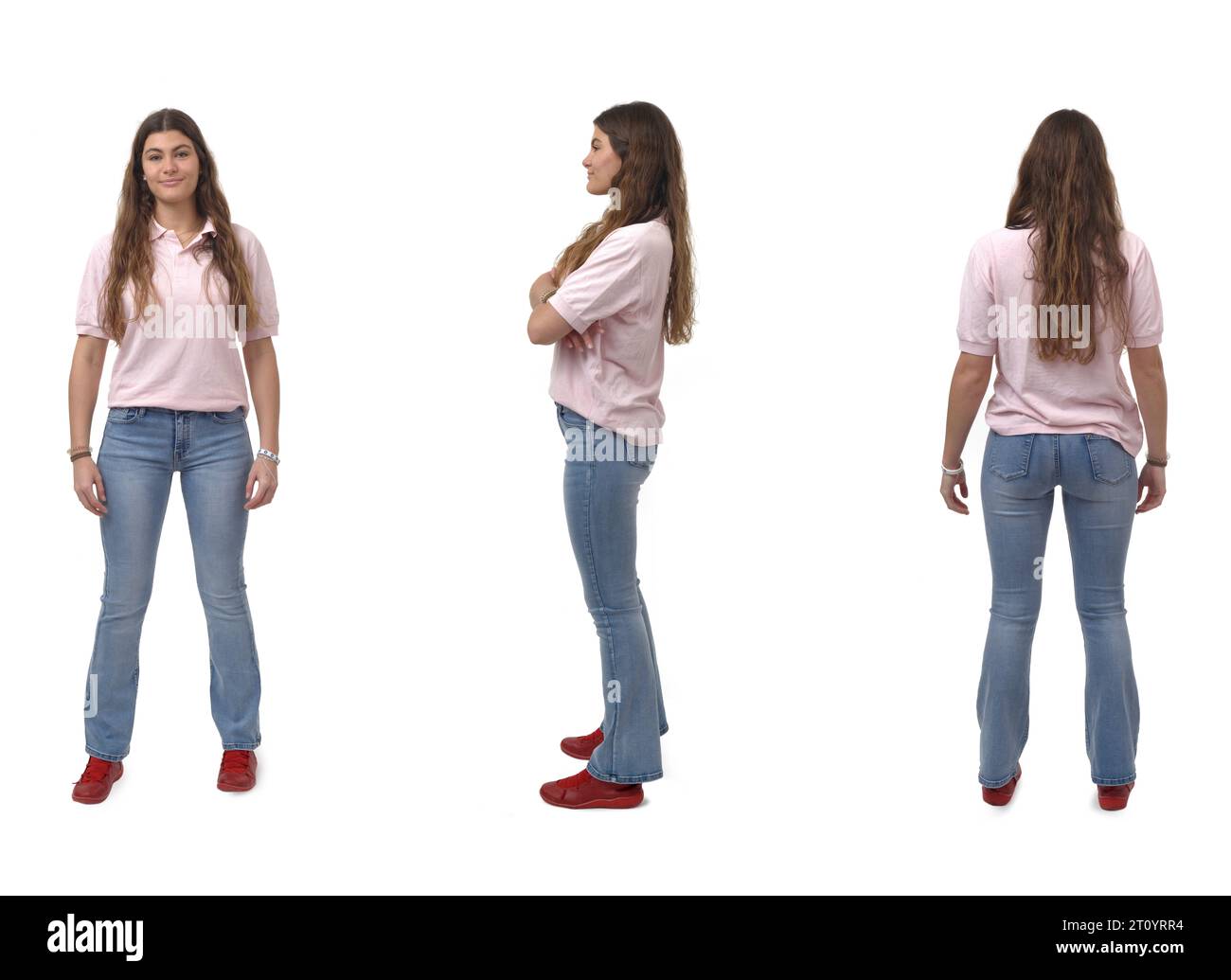back,side and front view of a young girl standing on white background ...