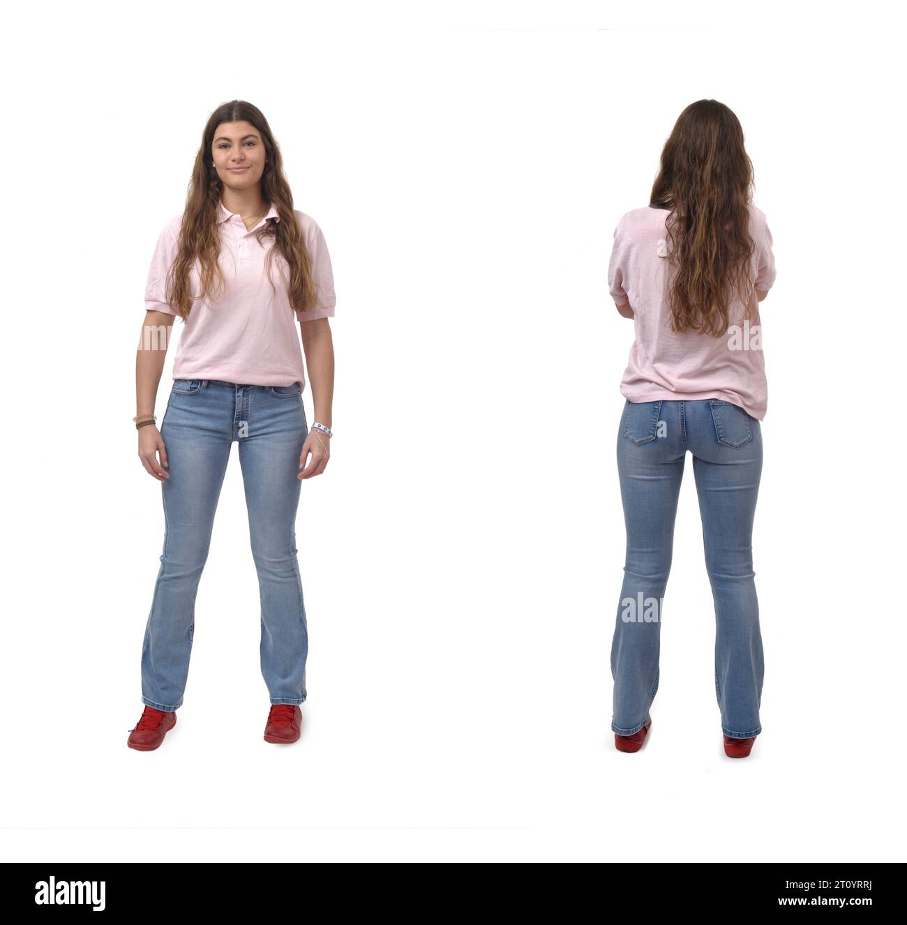 front and back view of a young girl standing on white background Stock ...