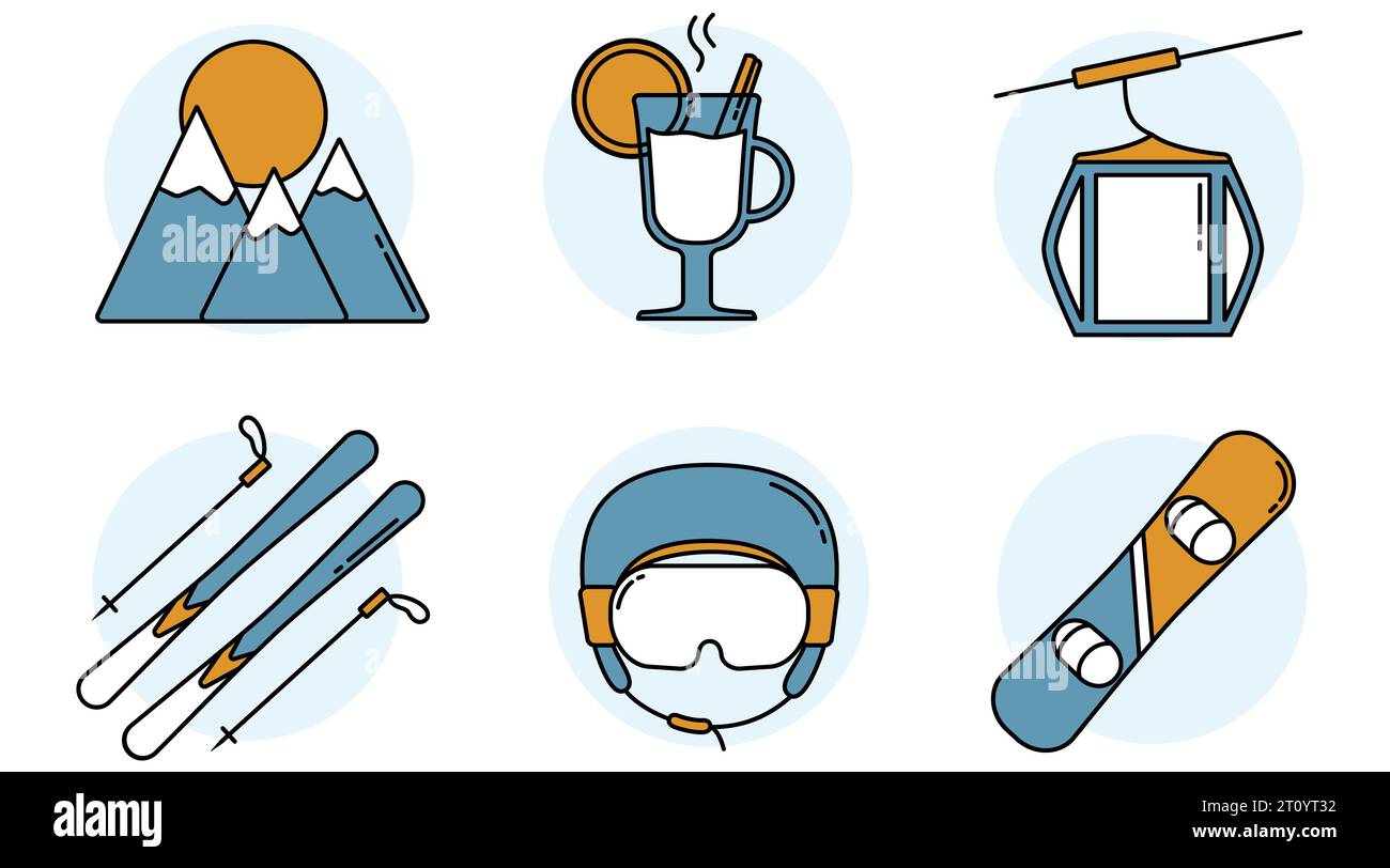 Set of six icons on the theme of skiing in a flat style. Vector ...