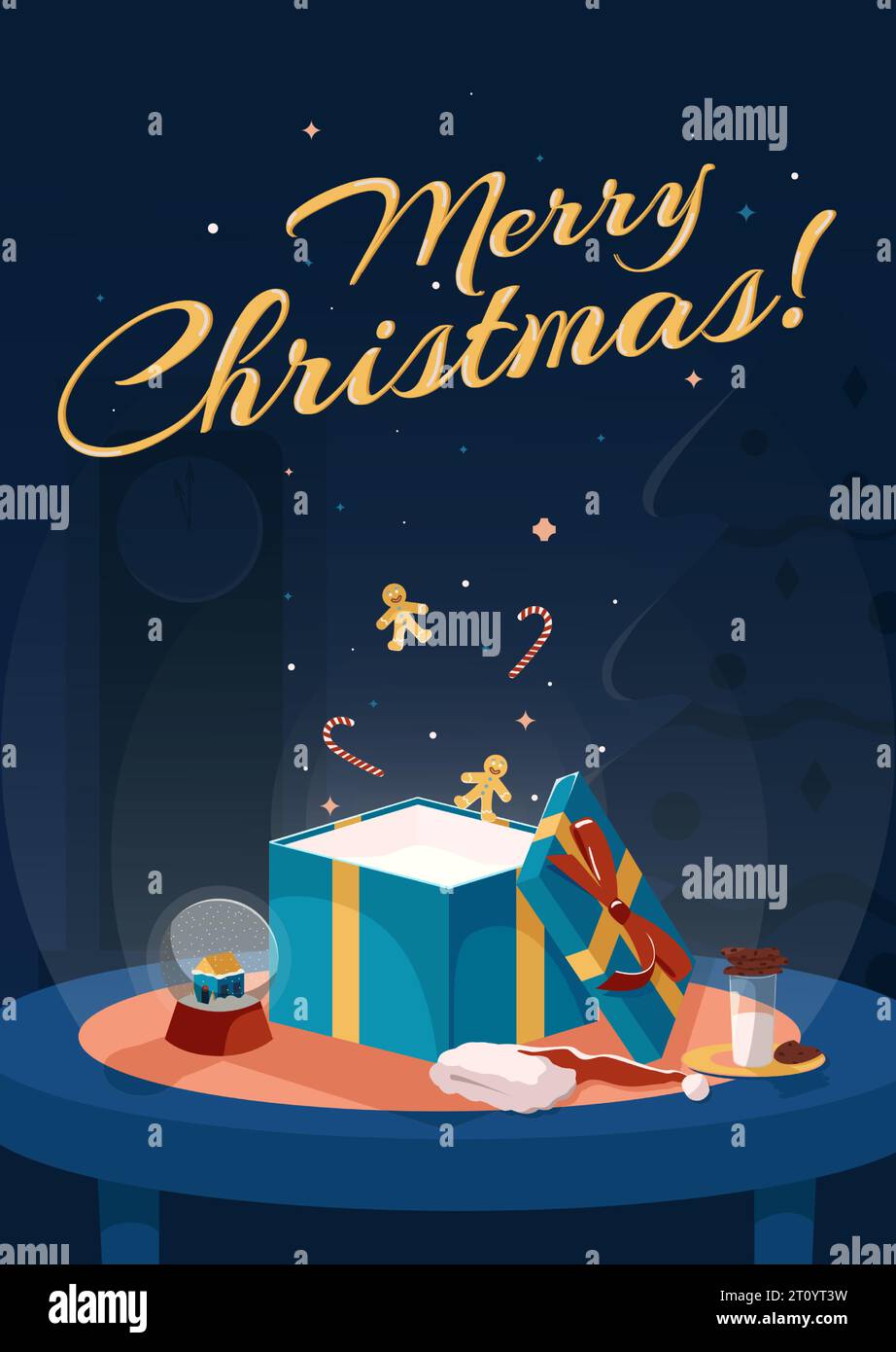 Christmas and New Year. A Christmas card with a box with a gift, sweets ...
