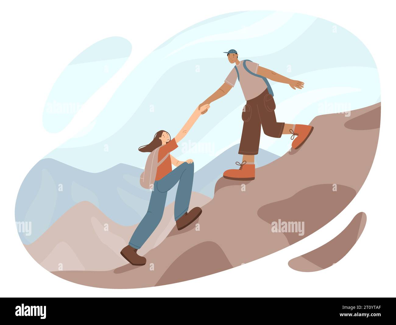 Happy travelers climb mountains. The concept of helping and teamwork in ...