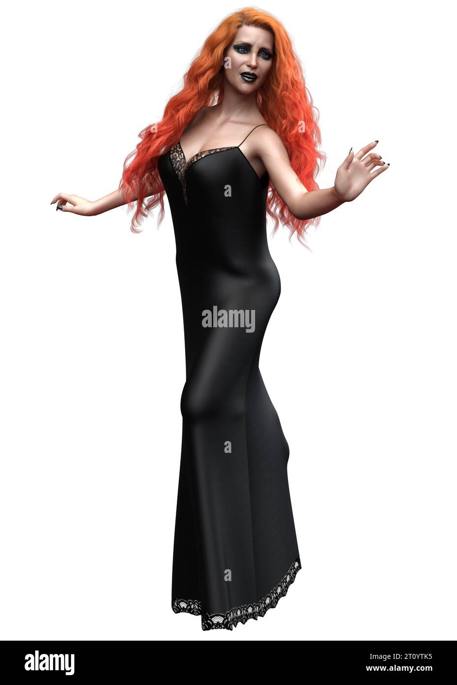 Gothic woman with curly red hair wears long black nightgown, 3D ...