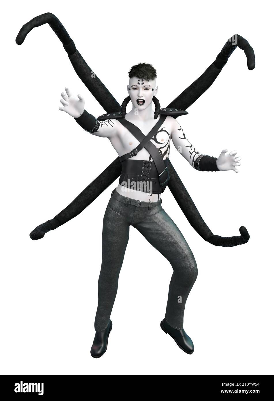 Abstract hybrid of man and spider in leather outfit, 3D Illustration ...
