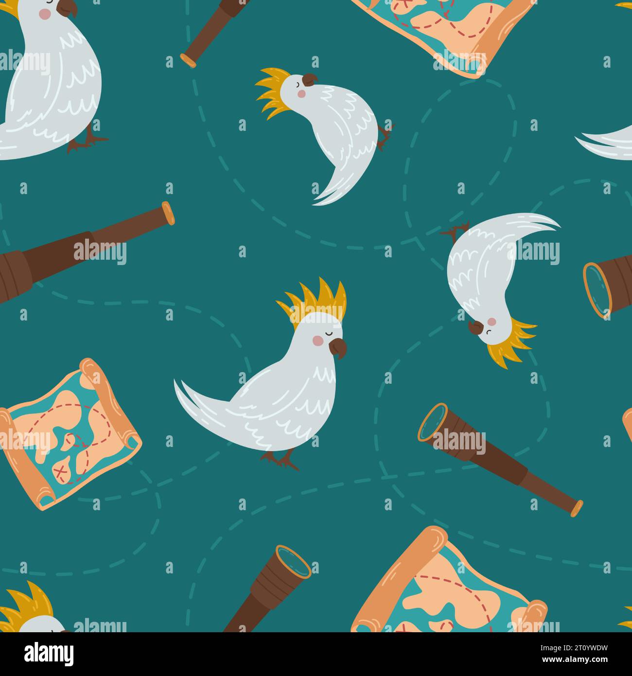 Cute parrot and pirates object vector seamless pattern. Pirate's ...