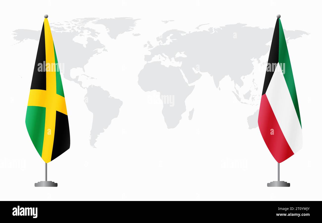 Jamaica and Kuwait flags for official meeting against background of ...