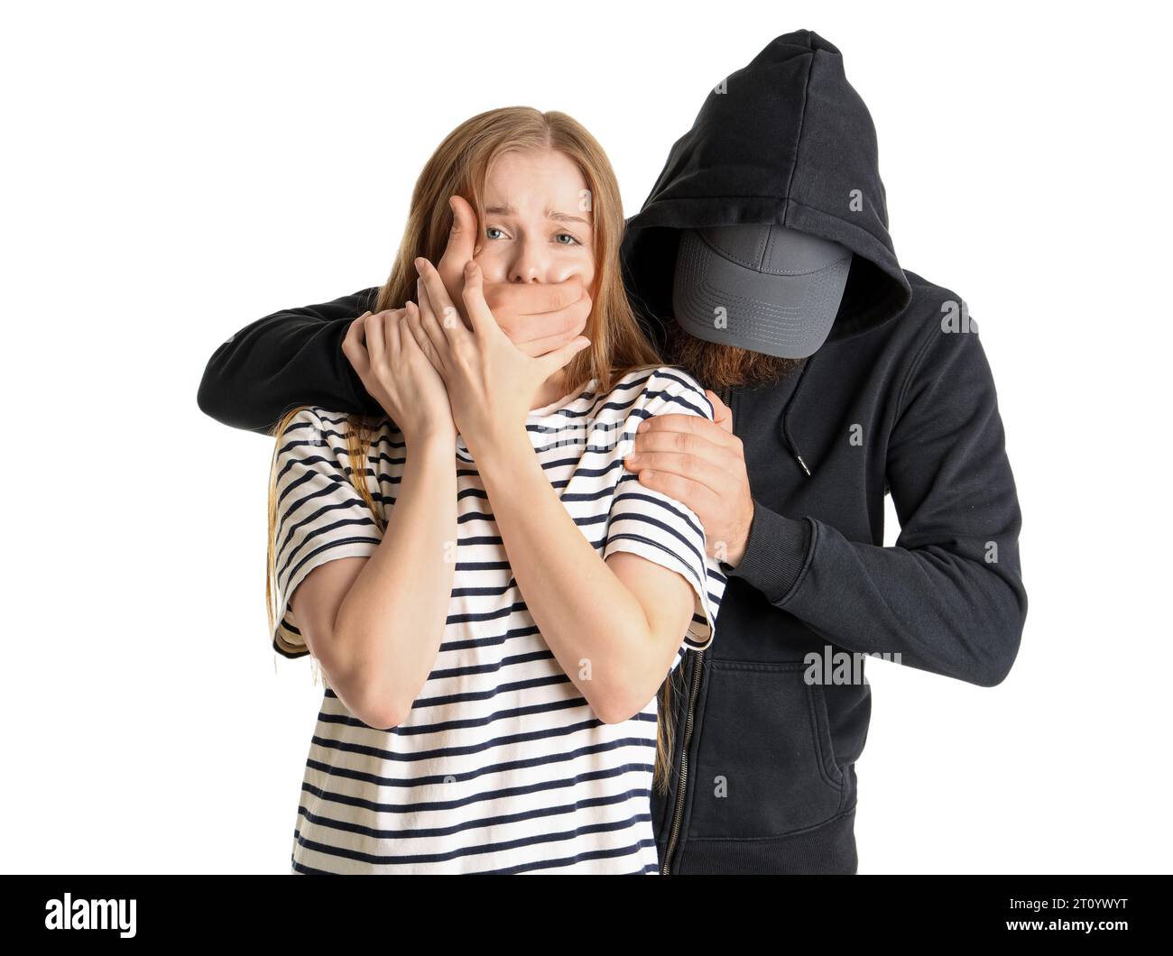 Bandit attacking scared young woman on white background Stock Photo - Alamy