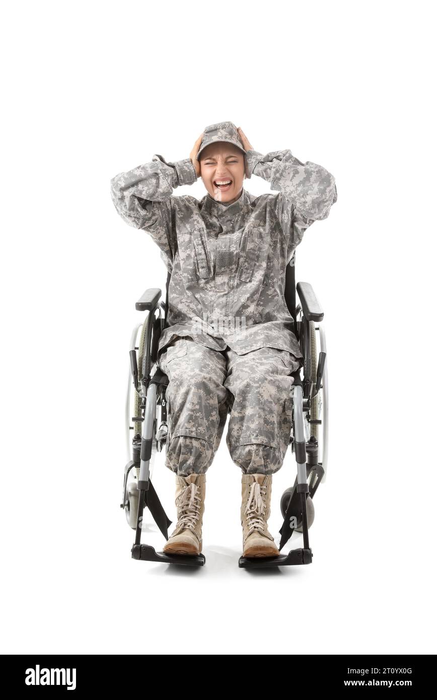 Female soldier in wheelchair with PTSD on white background Stock Photo ...
