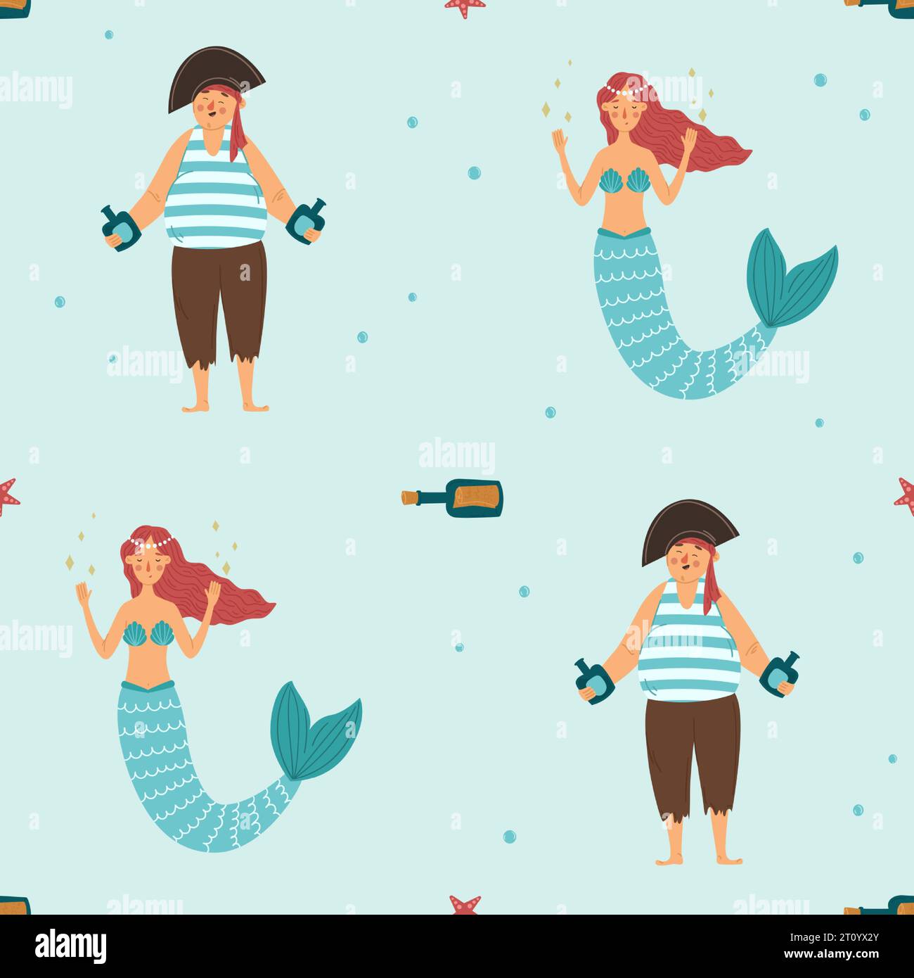 Seamless pattern with cute mermaid and pirate. Vector illustration. A ...