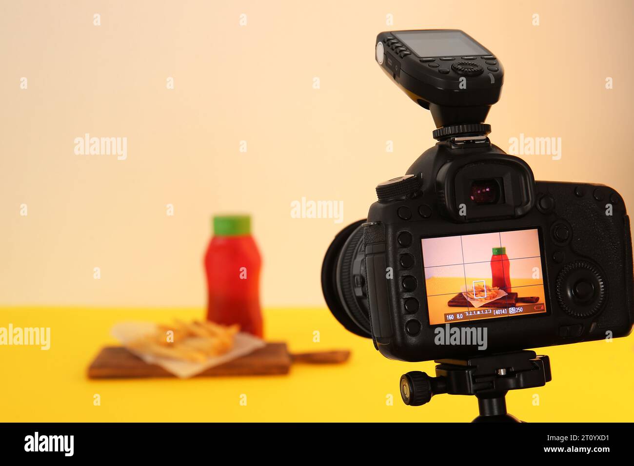 Tasty french fries with ketchup on display of professional photo camera ...