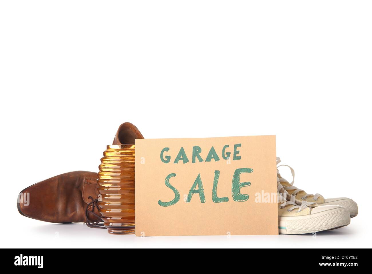 Unwanted stuff and cardboard with text GARAGE SALE isolated on white ...