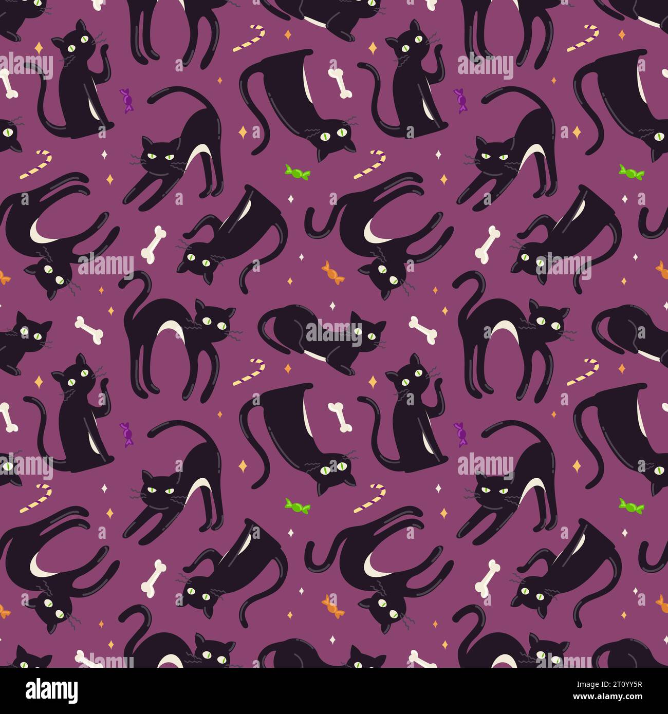 Halloween seamless pattern with mysterious black cat. Vector ...