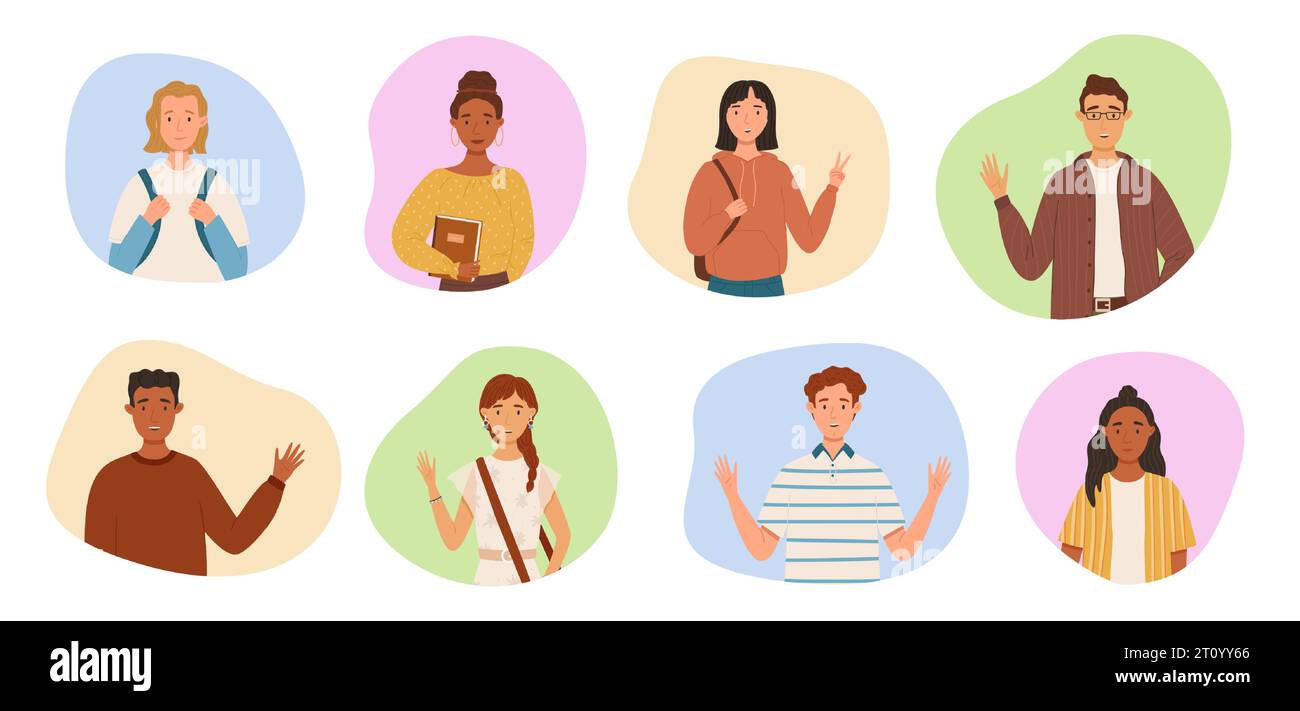 Characters of different students on the background of bright colored ...