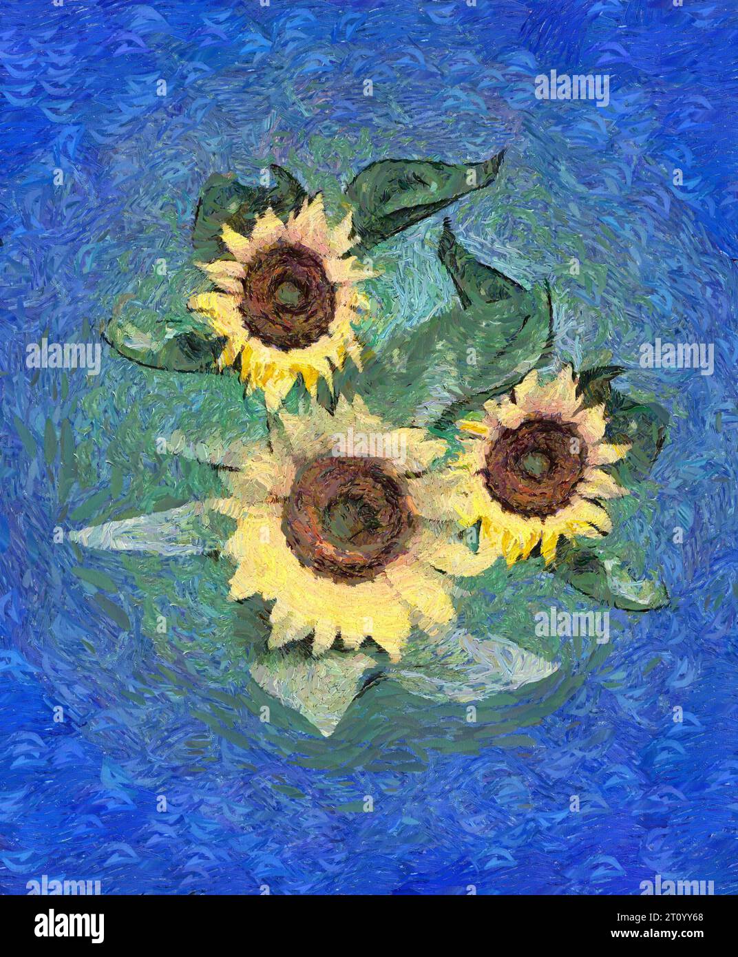 Yellow sunflowers over blue background, photo manipulation, digital ...