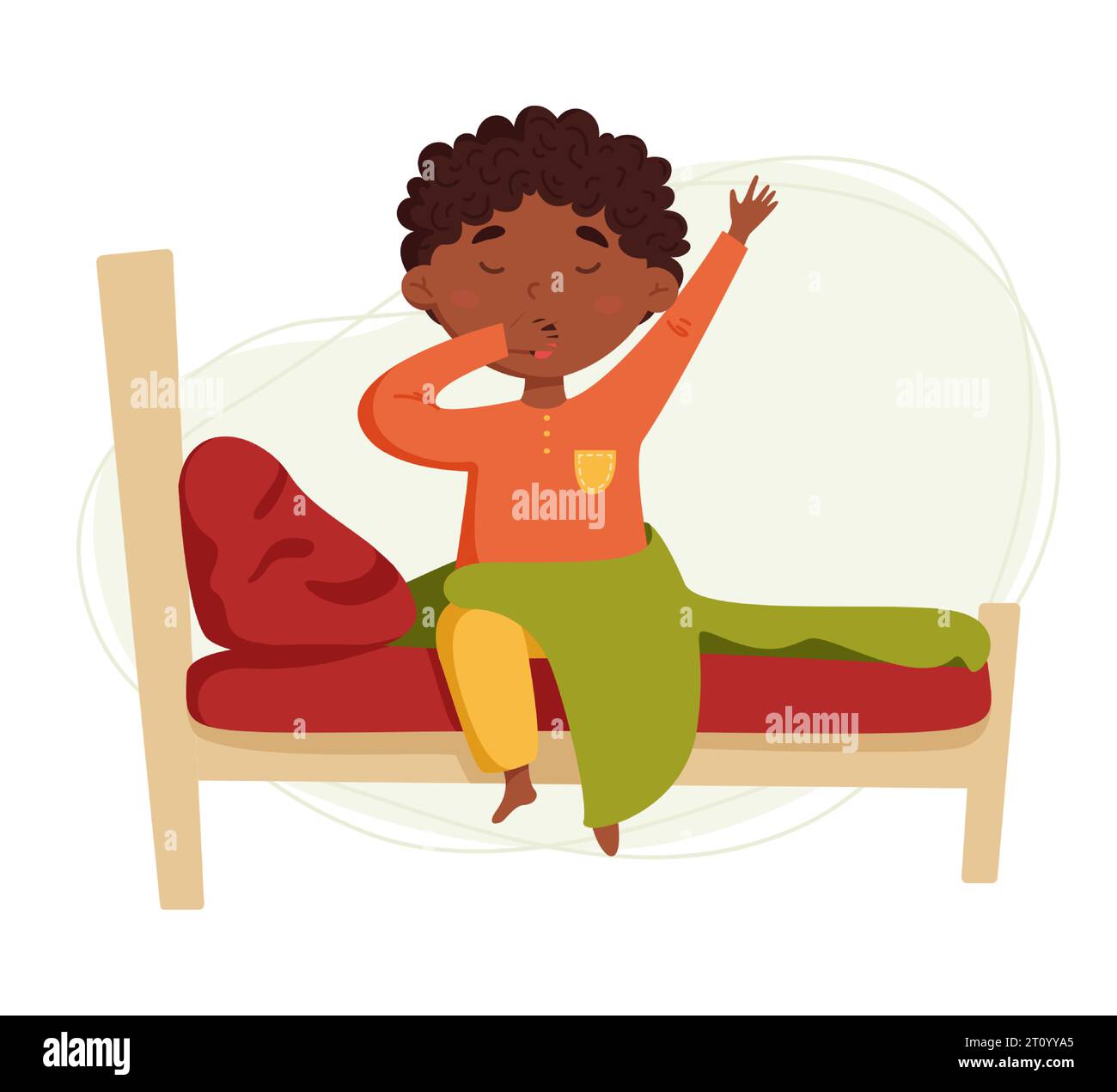 Cute african black boy wake up vector illustration. Daily routine ...