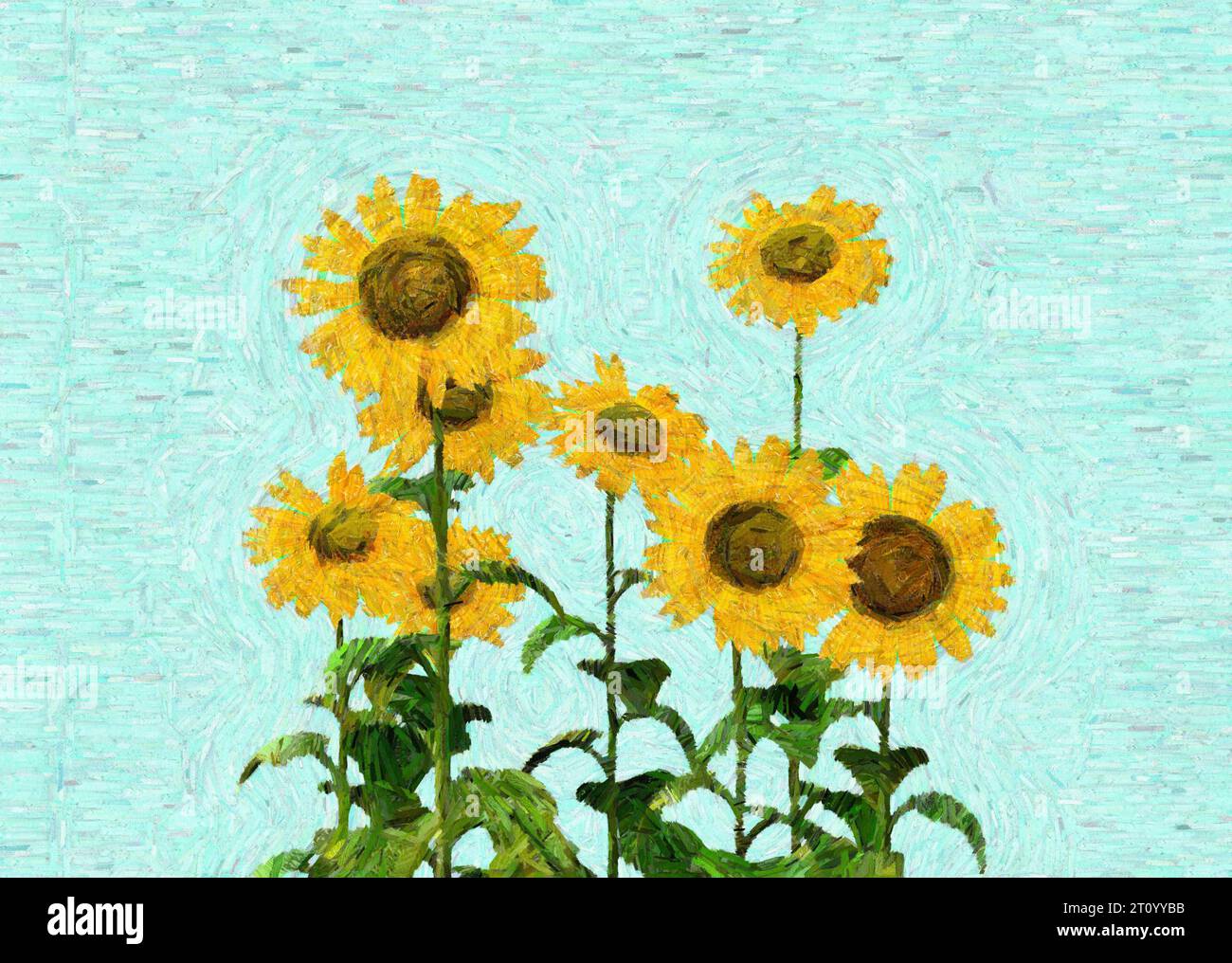 Yellow sunflowers over blue background, photo manipulation, digital ...