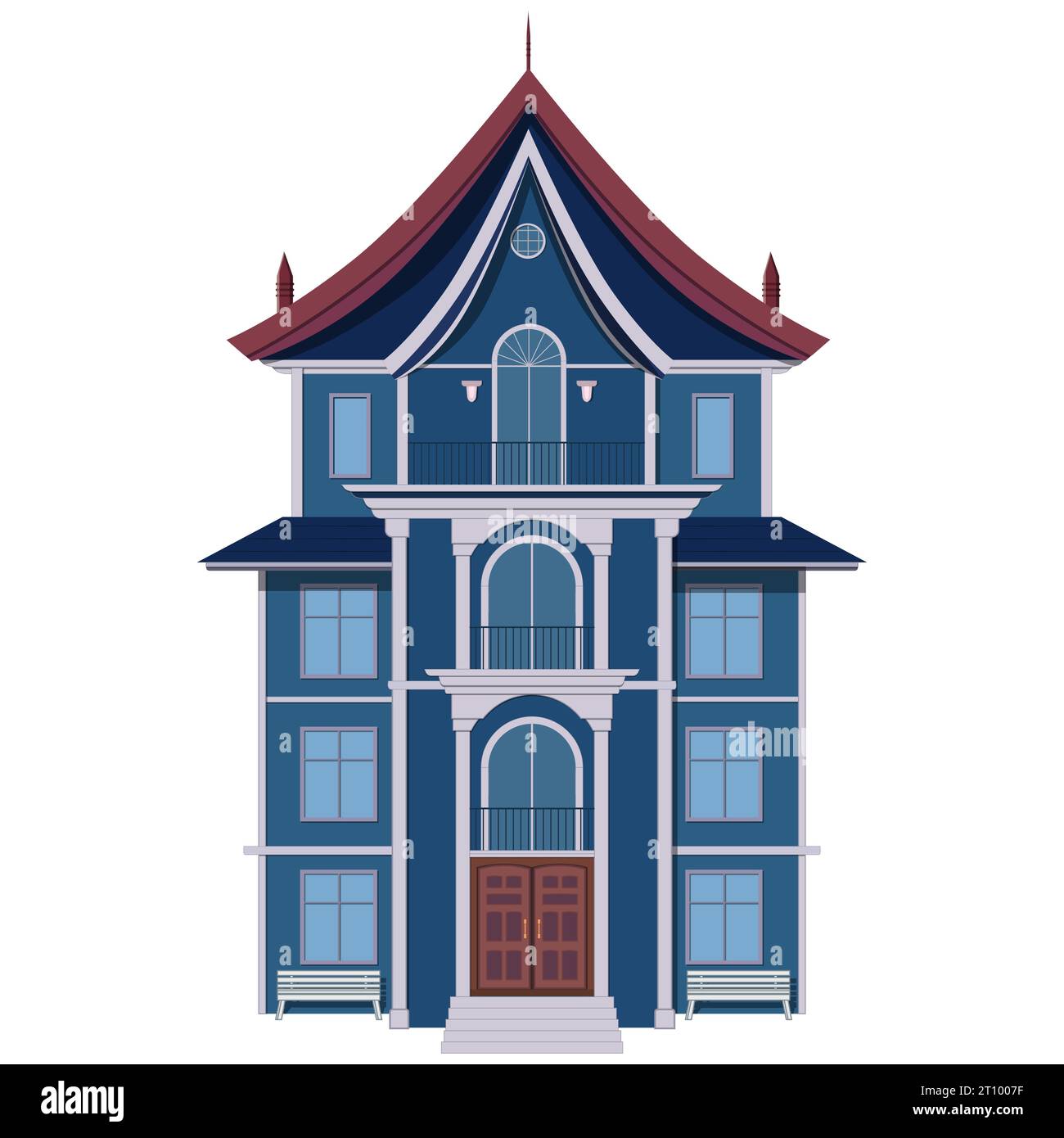 Colored four-story house with porch and balcony isolated on white ...