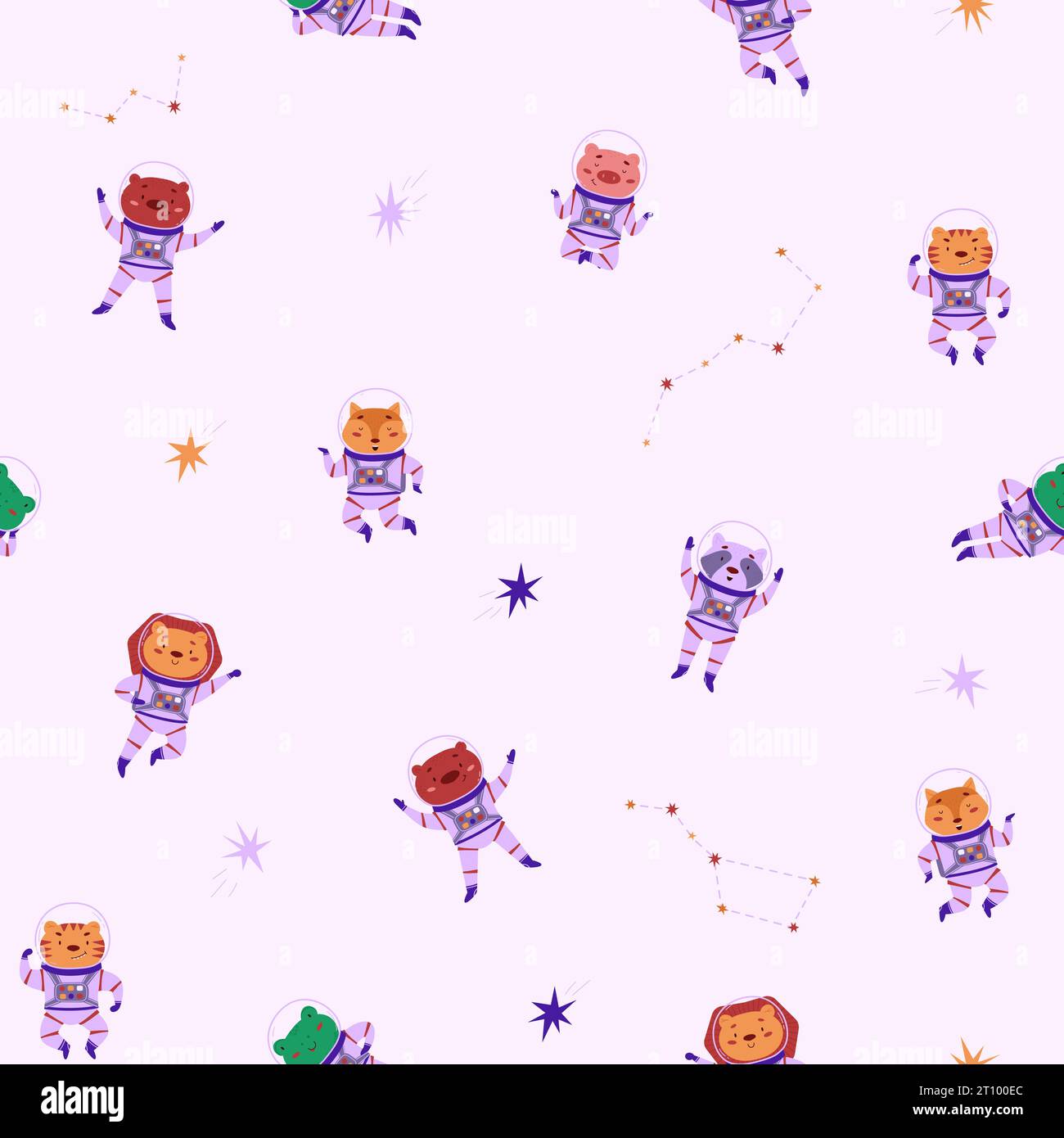 Cosmic seamless pattern with cute animals astronauts and stars. Vector ...