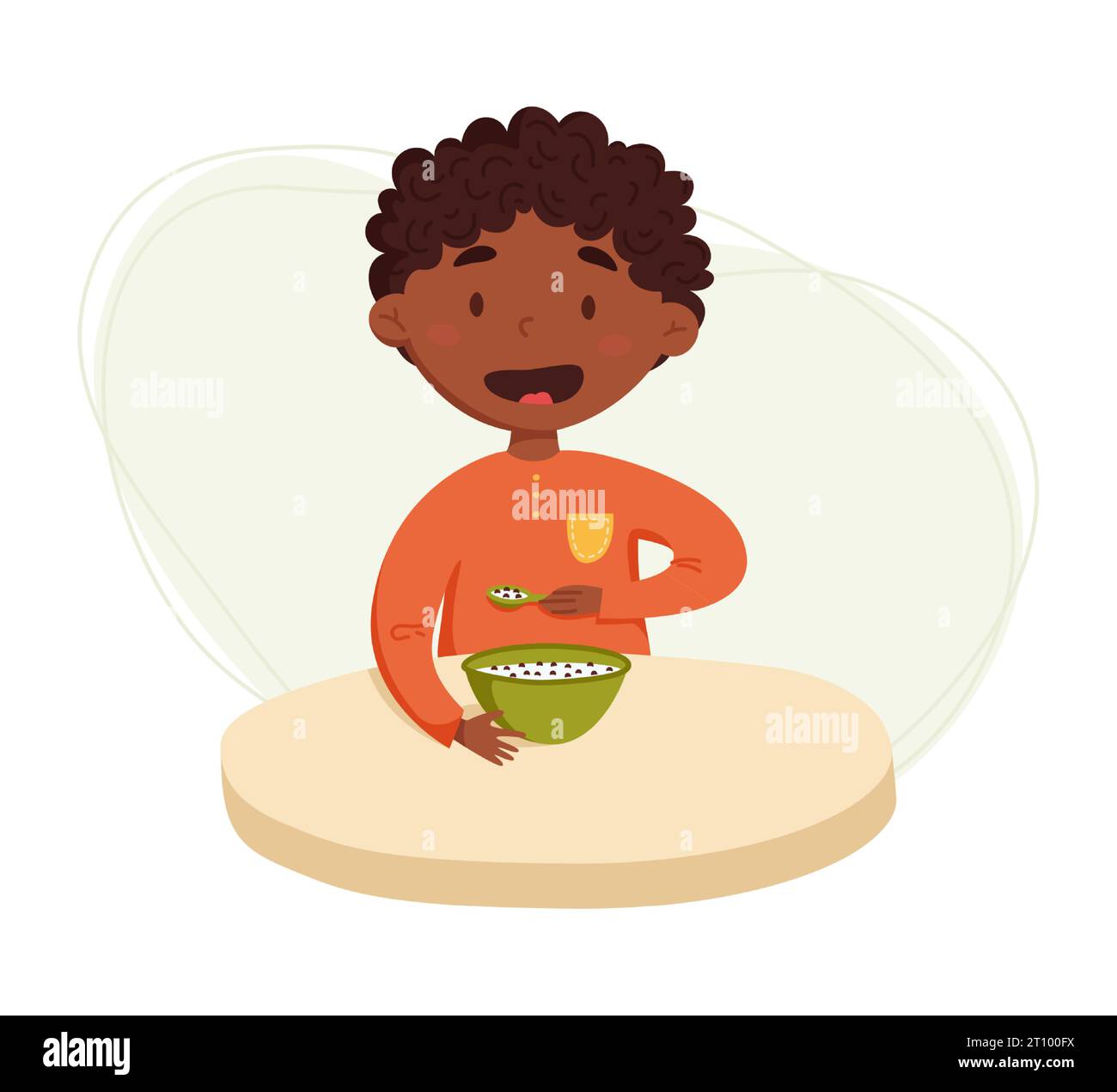 Cute african black boy having breakfast vector illustration. Child eats ...