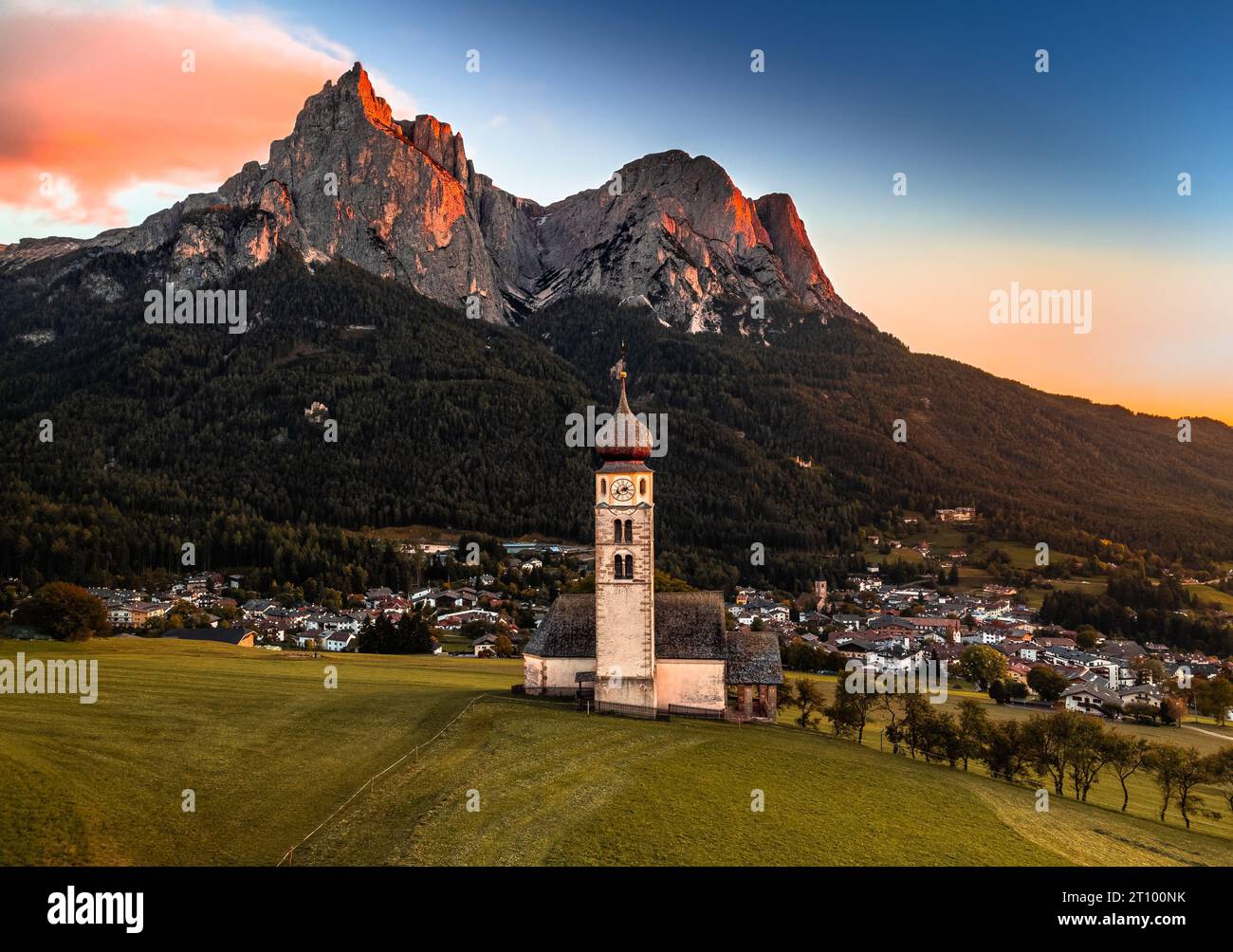 Seis am Schlern, Italy - Aerial view of St. Valentin Church and famous ...