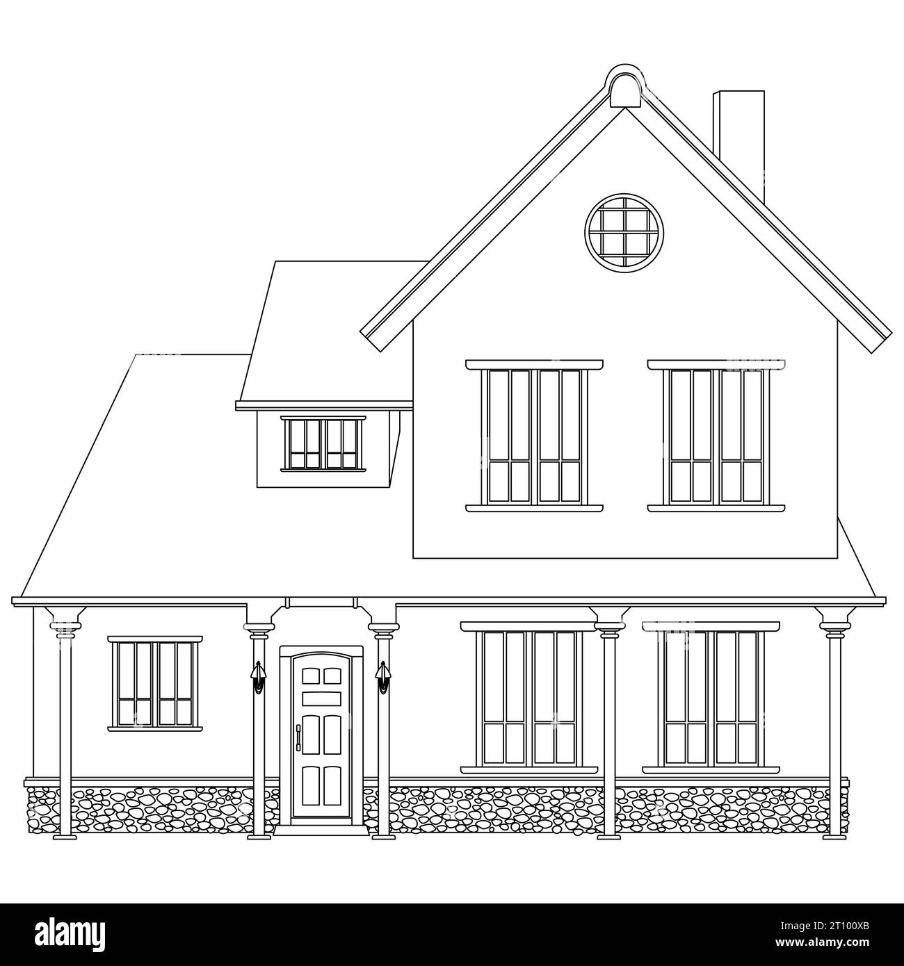 Outline two-story house with porch isolated on white background. Vector ...