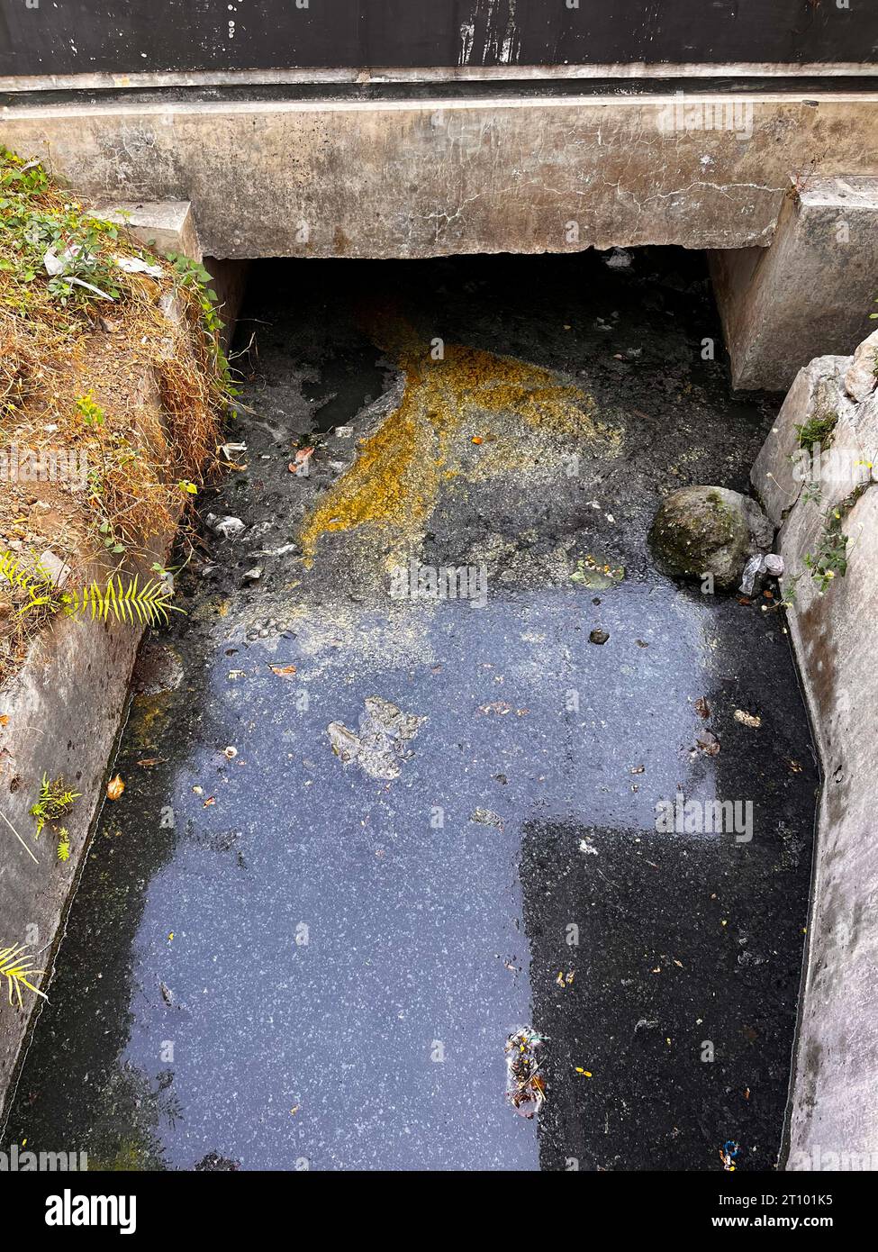 sewer. waste water flow to sewer with moss, bad water from city, water ...