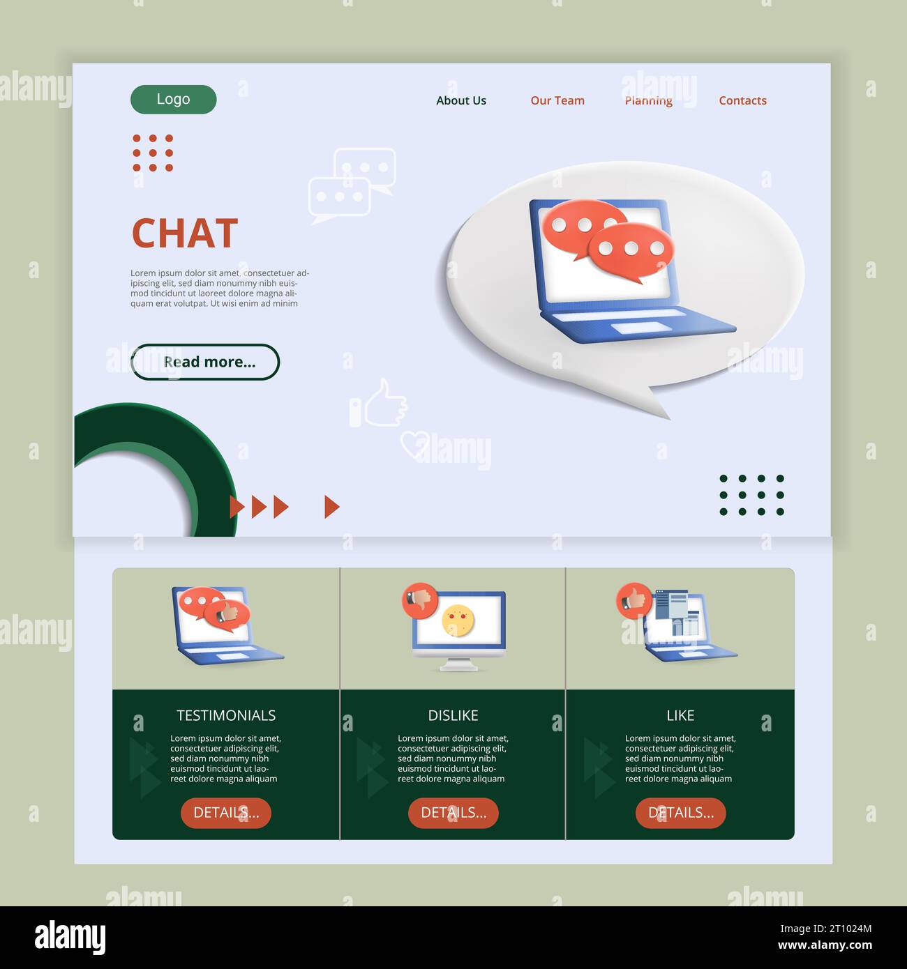 Chat flat landing page website template. Testimonials, dislike, like ...