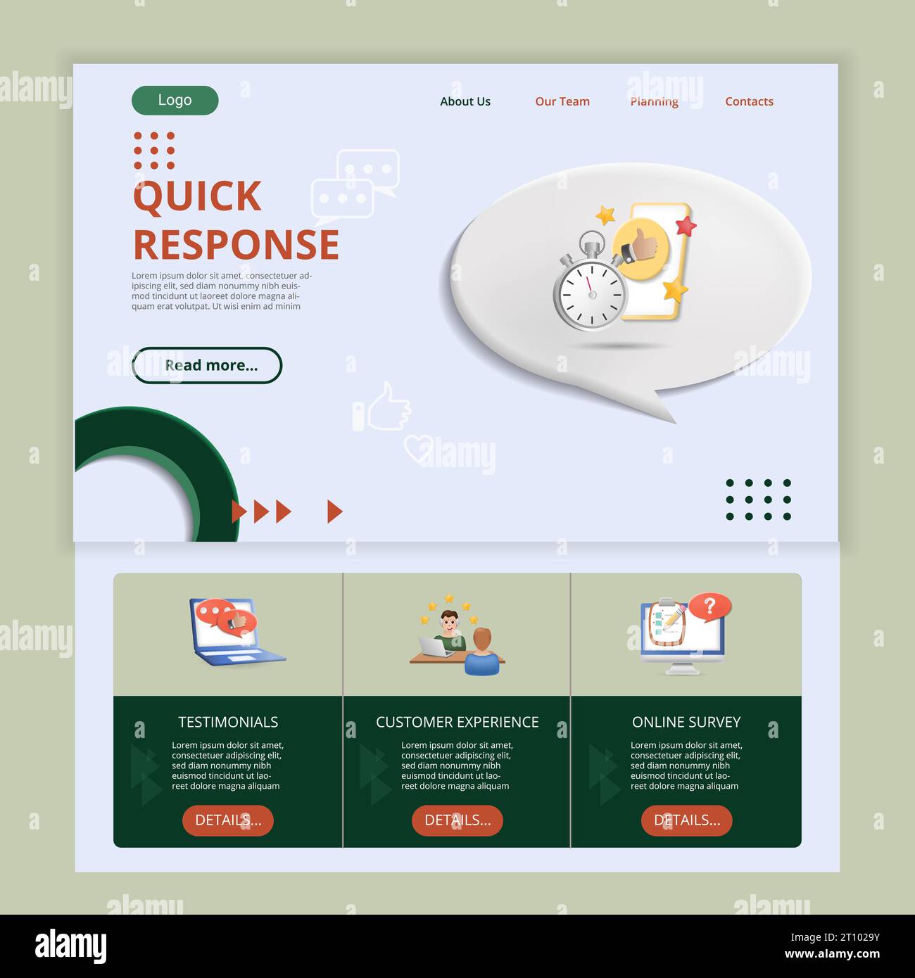 Quick response flat landing page website template. Testimonials ...
