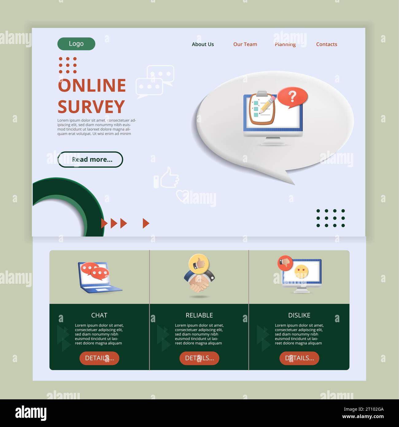 Online survey flat landing page website template. Chat, reliable ...